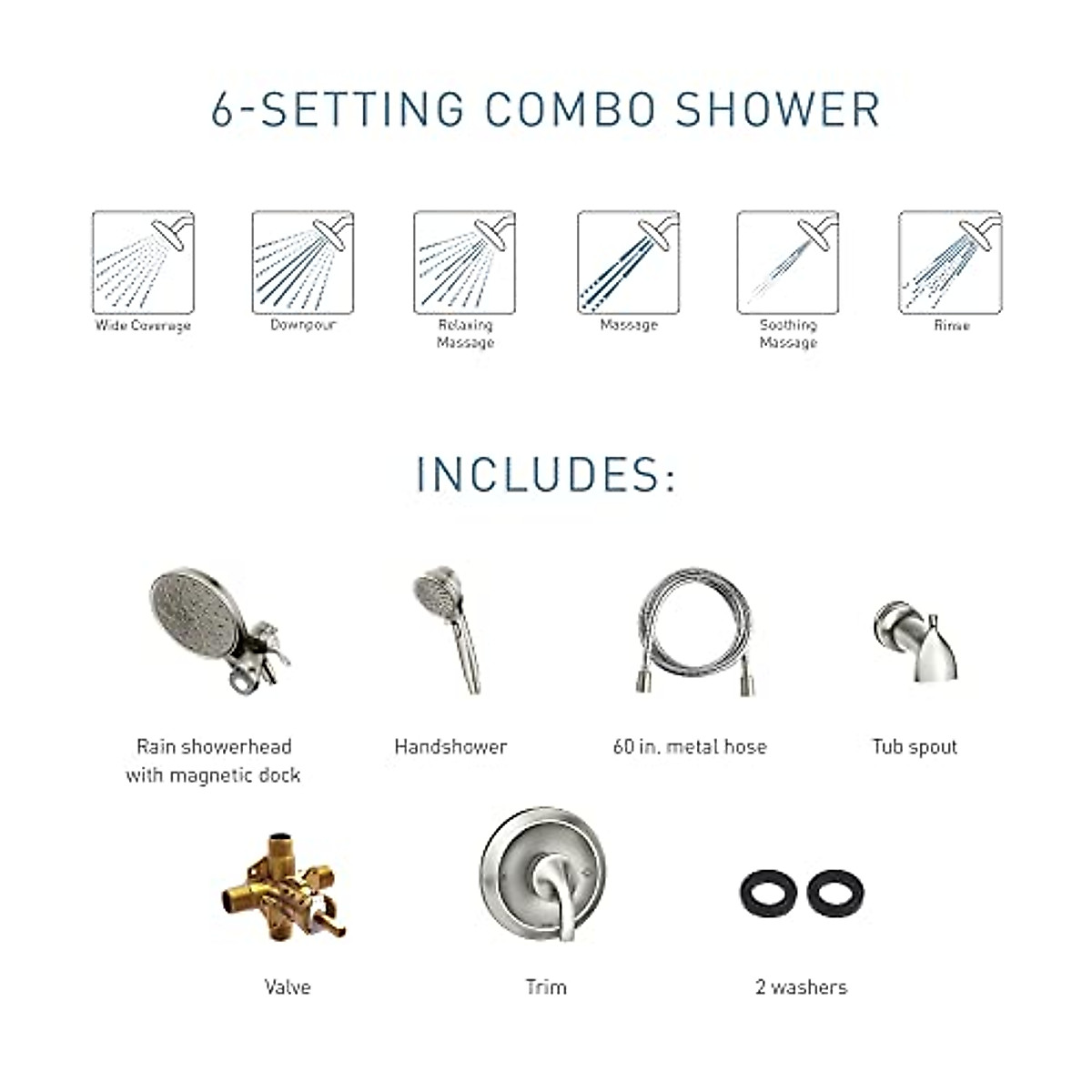 Moen Engage Magnetix Spot Resist Brushed Nickel Multi-Function Handshower and Rainfall Shower Head Trim Combo with Shower Handle, Tub Spout, Metal Hose and Valve, 82304SRN