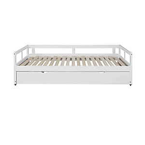 Bed Frame, Wooden Mattress Foundation with Roll Out Trundle Accommodate, Sofa Bed-Frame,Easy Assembly,White