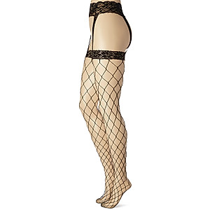 MUSIC LEGS Women's Lace Top Diamond Net Spandex Garterbelt Stockings, Black, One Size