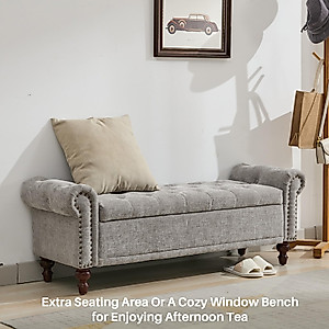 SOFTHION Storage Bench Upholstered Chenille End of Bedroom Bed Bench Ottoman with Tufted Cushioned Rolled Arm Large Storage Space for Reading Living Room Entryway, Light Grey