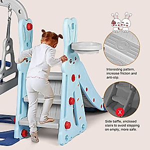 JOYLDIAS 4 in 1 Toddler Slide and Swing Set, Kid Climber Slide Playset w/Safety Belt, Basketball Hoop & Ball, Extra Long Slide, Children Toy Game for Indoor Outdoor Playground Backyard (Blue Rabbit)