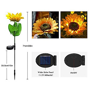 Solar Garden Lights, 2 Pack 20LED Outdoor Sunflower Lights Decorative Stake Light, 26'' Waterproof Flower Yard Lighting Lamp for Patio, Lawn, Porch, Backyard, Courtyard, Landscape, Terrace Decor