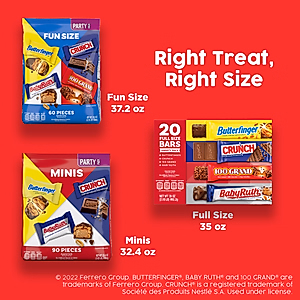 Butterfinger, CRUNCH, Baby Ruth and 100 Grand, Bulk 28 Pack, Assorted Full Size Chocolate Candy Bars, 48 oz