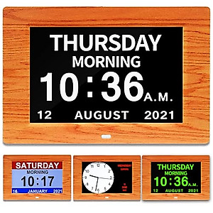 AINFTIME Clock with Day and Date for Elderly-3 Colors Display Digital Calendar Alarm Clock Dementia Alzheimers Clock with Extra Large Display (7in Woodgrain)