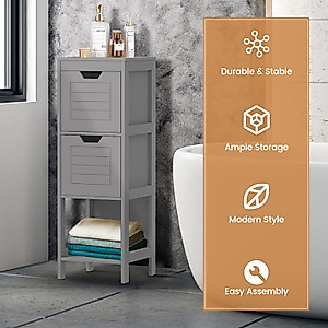 COSTWAY Bathroom Storage Cabinet, Freestanding Wooden Side Storage Cabinet with 2 Adjustable Drawers, Space-Saving Floor Cabinet for Living Room Bathroom Bedroom Entryway (Grey)