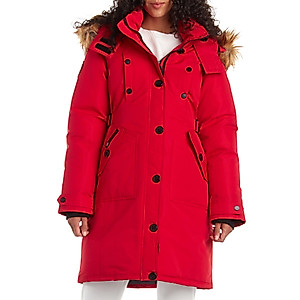 CANADA WEATHER GEAR Women's Winter Coat - Stadium Parka Jacket, Fur Trim Hood (S-3XL), Size Medium, Red Apple