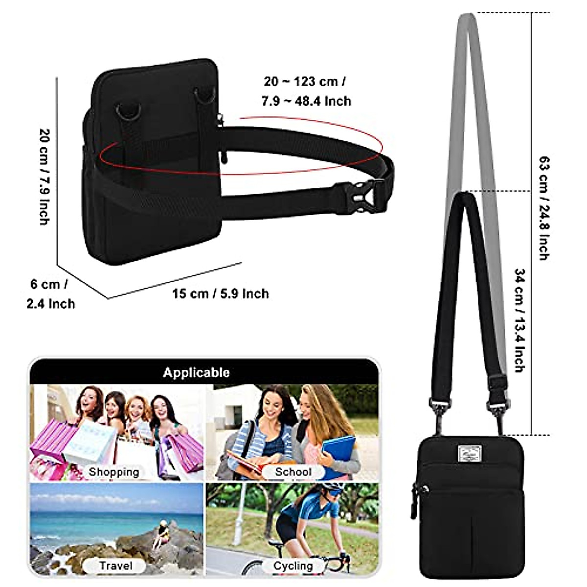 KAMO Multifunction Phone Bag One Shoulder Phone Waist Bag Diagonal Cross Bag Smart Phone Case Outdoor Bag Triple Zip Hipster Crossbody Purse for Women & Men