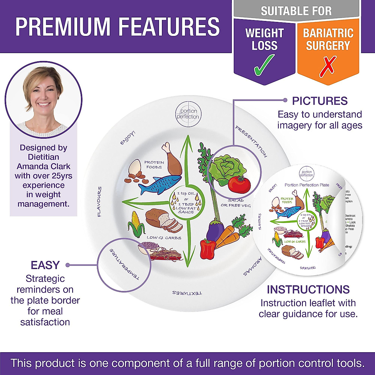 Portion Perfection Measuring Bowls & 10 Inch Portion Control Plate Set, International Book with 4 Week Plan & Low Starch Vegetables Cookbook for Healthier Diets, Diabetes, Weight loss & Pre-Surgery