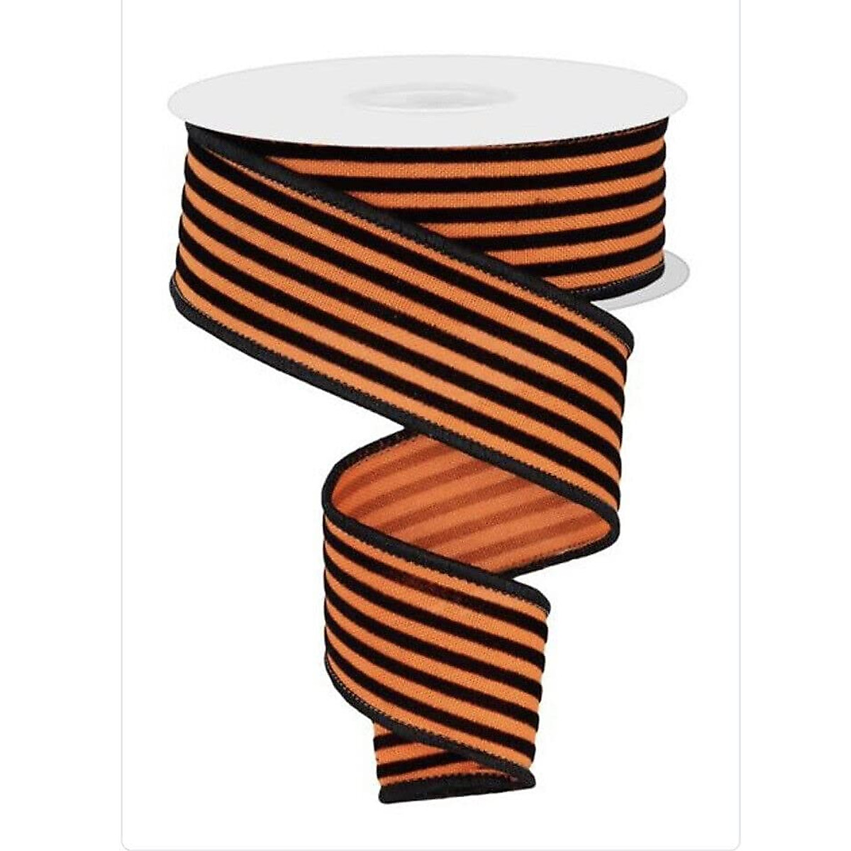 10 Yards 1.5in Wired Orange Ribbon with Black Thin Velvet Cabana Lines