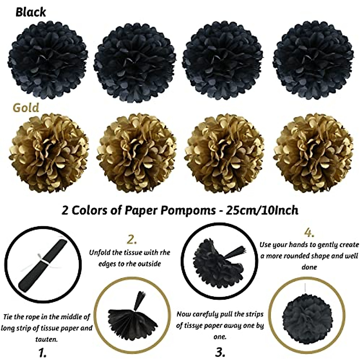 ZERODECO Gold and Black Party Decorations, Hanging Paper Fan Pom Poms Pennant Garland String Banner Fringe Curtains Birthday Parties Graduation Wedding Happy New Year Eve Party Decorations