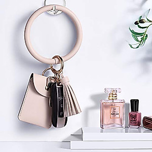 Adorve Key Ring Bracelets Card Holder PU Leather Tassel Round Key Chain Wristlet Bangle Keychain with Wallet for Women Girls, Pink