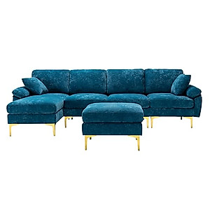 i-POOK 114.42" Polyester U Shaped Sectional Couch, 4 Seat Convertible Sofa with Removable Ottoman and 6.3" Thick Soft Cushion, Deep Seat Comfy Couches for Living Room, Teal Blue