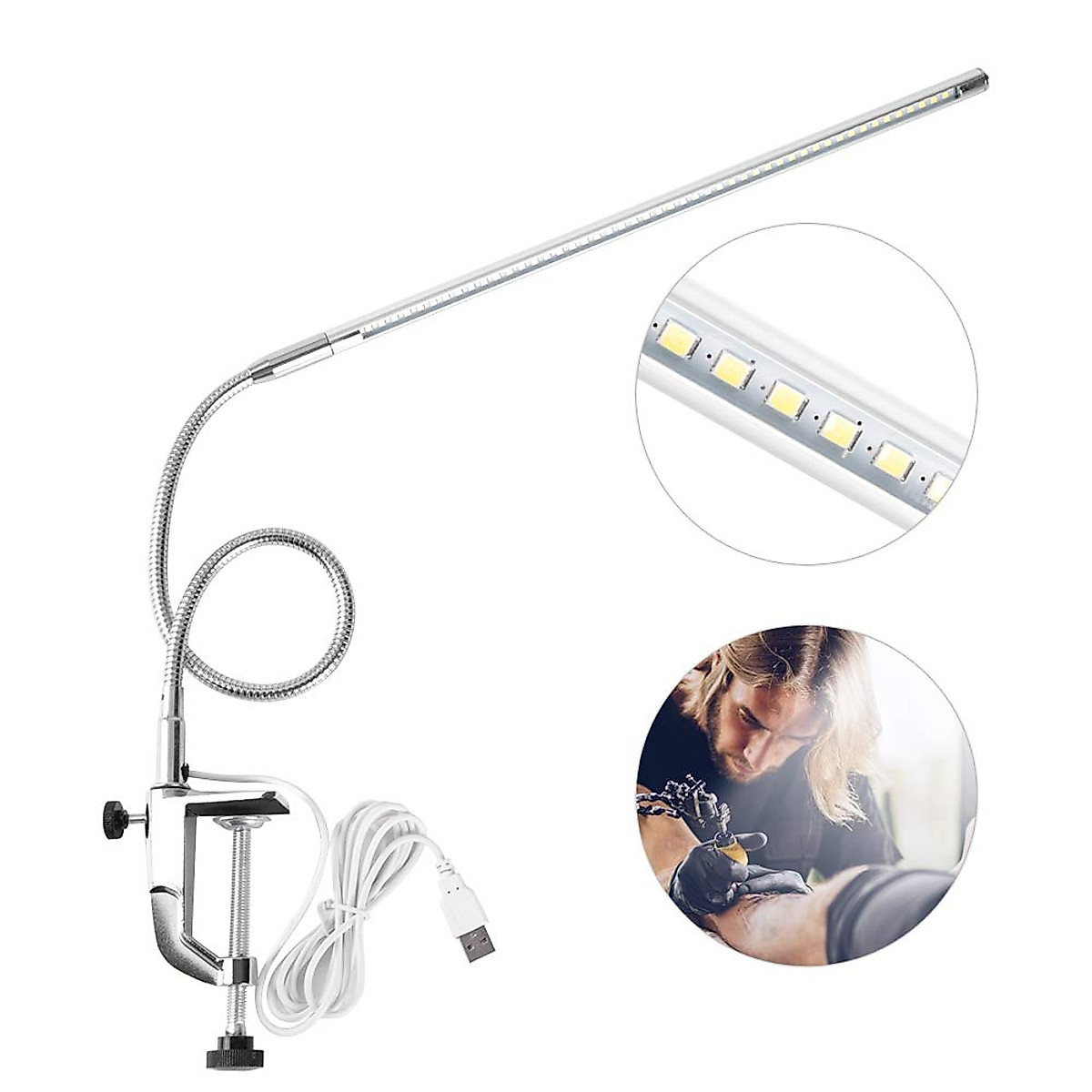 Salmue LED Desk Lamp with Clamp, USB Adjustable Direction and Brightness Clip Eye-Caring Table Lamps for Reading, Study, Tattoo Light,Beauty Manicure, White, 10W