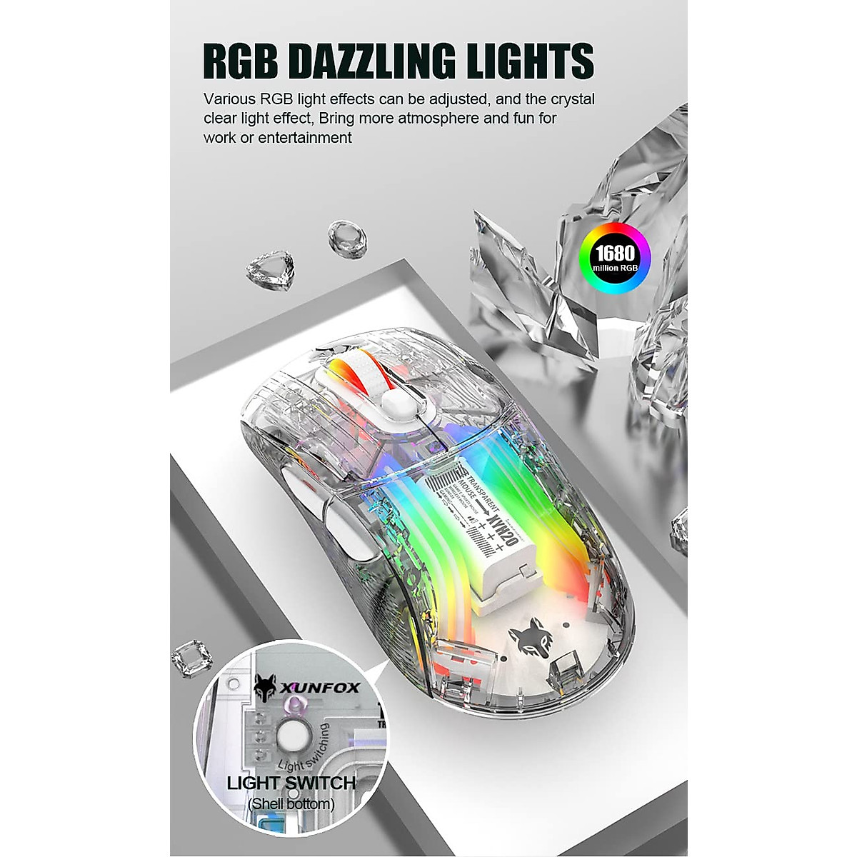 Attoe Bluetooth Wireless Mouse, Transparent RGB Mechanical Dual Mode Gaming Mouse, A Must-Have Cool USB Computer Mouse for Gaming and Esports