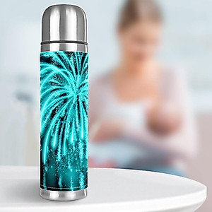 Stainless Steel Leather Vacuum Insulated Mug Fireworks Thermos Water Bottle for Hot and Cold Drinks Kids Adults 16 Oz