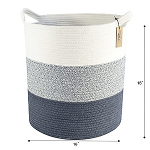 COMFY-HOMI XXL Large Laundry Basket with Handles Blanket Baskets Living Room|Woven Cotton Rope Decorative Basket Laundry Hamper Baby Gift Nursery Dog Toy Storage Organizer Bin-16”x18”-3Tone Grey