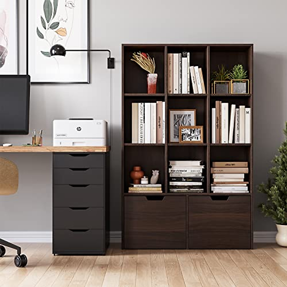 Senfot Bookcase 9 Cube, Modern Bookshelf Storage Cabinet with 2 Large Drawers, Free Standing Storage Organizer Book Shelves for Living Room, Office, Study, Brown