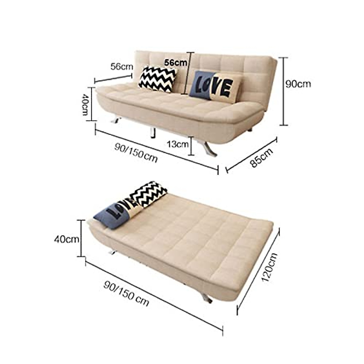 JHKZUDG 2 Seater Settee Sofa Bed,Modern Linen Upholstered Sofa Living Room Chair Couch with Metal Legs, 3 Angles Adjustable Back,for Living Room, Office, Room,Dark Gray,150 × 85 × 90cm