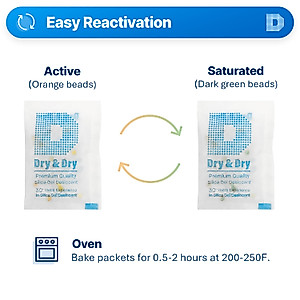 Dry & Dry 5 Gram[50 Packets] Orange Indicating Silica Gel Packets Desiccant Dehumidifiers - Food Safe Silica Packs, Silica Gel, Moisture Absorbers, Silica Packets, Desiccant Packs