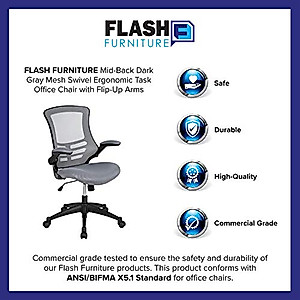 Flash Furniture Kelista Mid-Back Dark Gray Mesh Swivel Ergonomic Task Office Chair with Flip-Up Arms