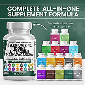 Selenium 300mcg Zinc 50mg Iodine 500mcg L Tyrosine 500mg Ashwagandha 6000mg - Thyroid Support Supplement for Women and Men with Bladderwrack, Turmeric, Kelp, Schisandra - Made in USA 60 Caps