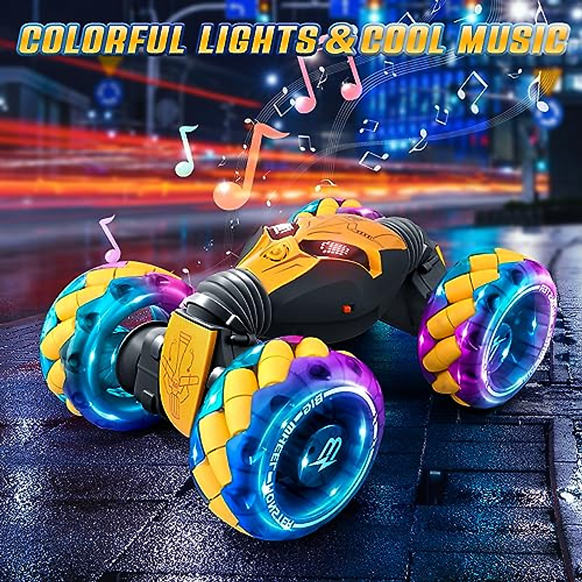 1:12 Gesture Sensing RC Stunt Car Toys 2.4GHz Rotating Wall Climbing Twist 4WD Large Remote Control Car Toys Off Road Monster Truck 360° Flips Lights with Music Drift Rc Car for Boys Age 8-12, Yellow