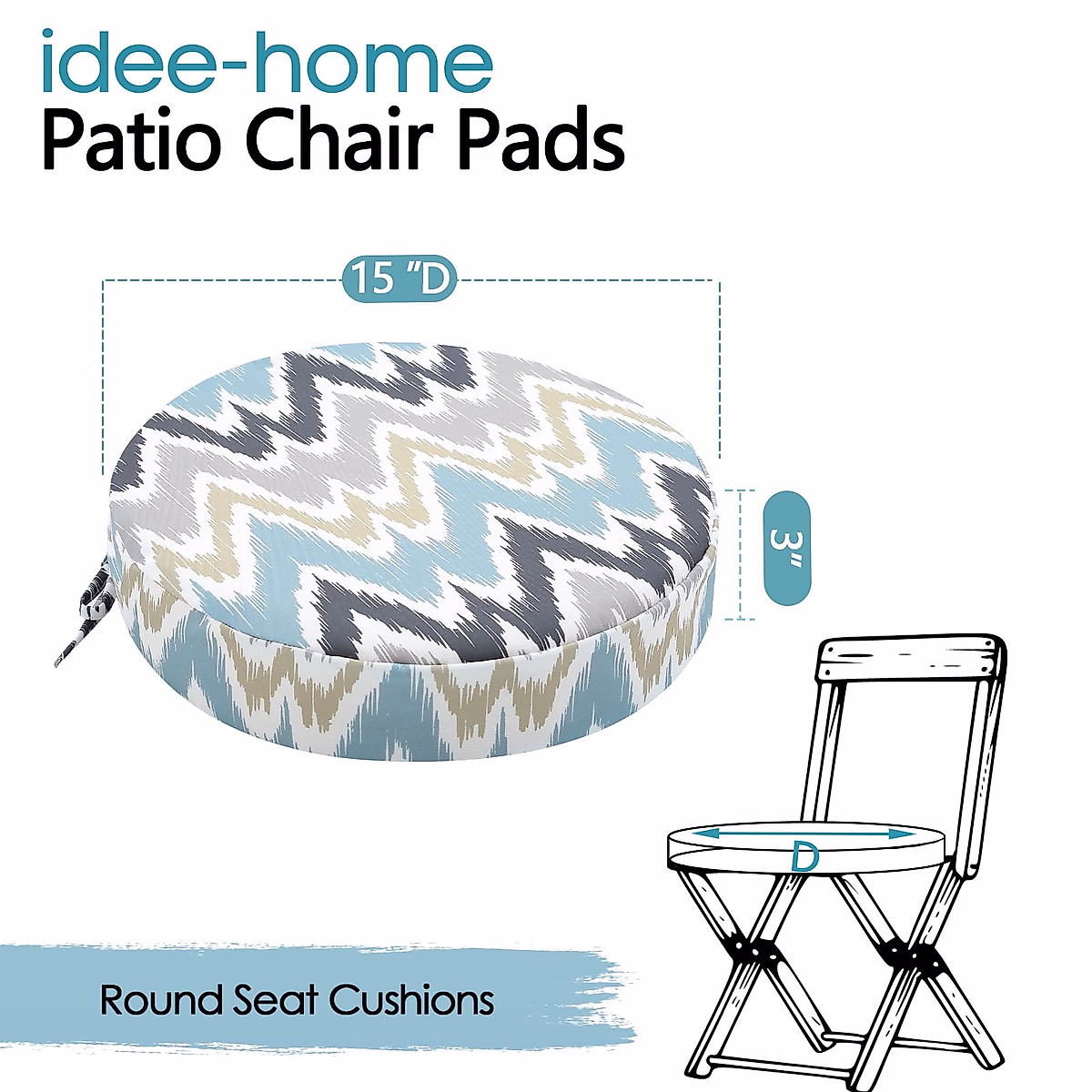 idee-home Outdoor Bistro Chair Cushions Set of 2, 15”x15”x 3” Thick Round Seat Cushions with Ties, Waterproof Round Patio Chair Cushions for Outdoor Furniture, Round Chair Pads for Garden