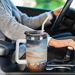 LLUTSNTH 40 Oz Vacuum Tumbler with White Handle Leakproof Insulated Tumbler New York City Skyline Stainless Steel Travel Mug with Lid And Straw Coffee Cup Cute Water Bottles Cup Holder Friendly