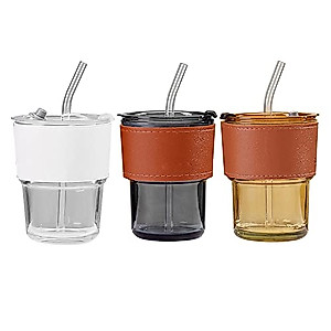 OUSFANAM Drinking Glass Cups With Bamboo-Lid And Straw Iced Coffee-Cup Suitable For Juice Water Soda-Tea Girl Birthday Gift 400ML Spill Proof Straw Cups For Adults