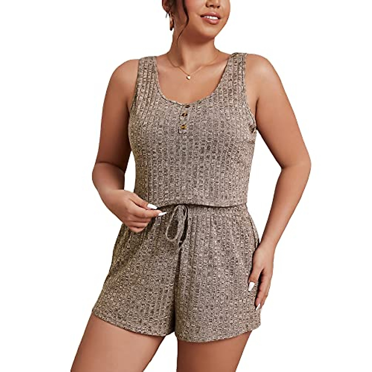 WDIRARA Women's Plus Size Sleepwear Button Sleeveless Tank Top and Shorts Rib Knit Pajama Set Khaki 4XL