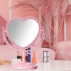 QEEYON Pink Heart Vanity Mirror - 360 Degree Swivel Makeup Double Sided Table Desk Countertop Stand for Dresser Bathroom Bedroom - Aesthetic Cosmetic Mirror for Women Girls