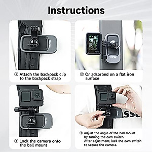 TELESIN Magnetic Swivel Clip Mount with Phone Holder, Bag Backpack Shoulder Body Strap Attachment for GoPro Max Hero 11 10 9 8 7 6 5, Insta360 X2 X3 RS GO2, DJI Action 2 3 Accessories