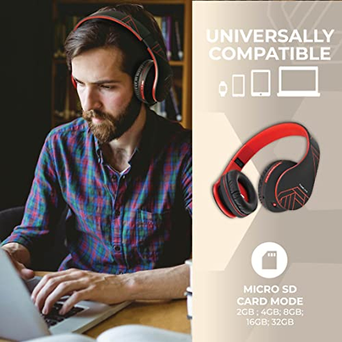 PowerLocus Bluetooth Over-Ear Headphones, Wireless Stereo Foldable Headphones Wireless and Wired Headsets with Built-in Mic, Micro SD/TF, FM for iPhone/Samsung/iPad/PC (Black/Red)