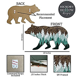 Forest Bear Wall Sign, Adventure Woodland Theme, Rustic Nursery Decor, Pine Tree Mountain Aesthetic, 18 x 10 inches, Man Cave Home Bedroom Cabin Office House Art Decorations, Hickory Hollow Designs… (Dark Walnut/Green Pine Trees)