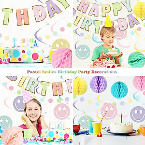 meowtastic Pastel Birthday Decorations - Macaron Happy Birthday Banner with Honeycomb, Smiley Face Hanging Swirl Streamer, Circle Dot Garland Decorations - Birthday Party Decorations for Boys Girls