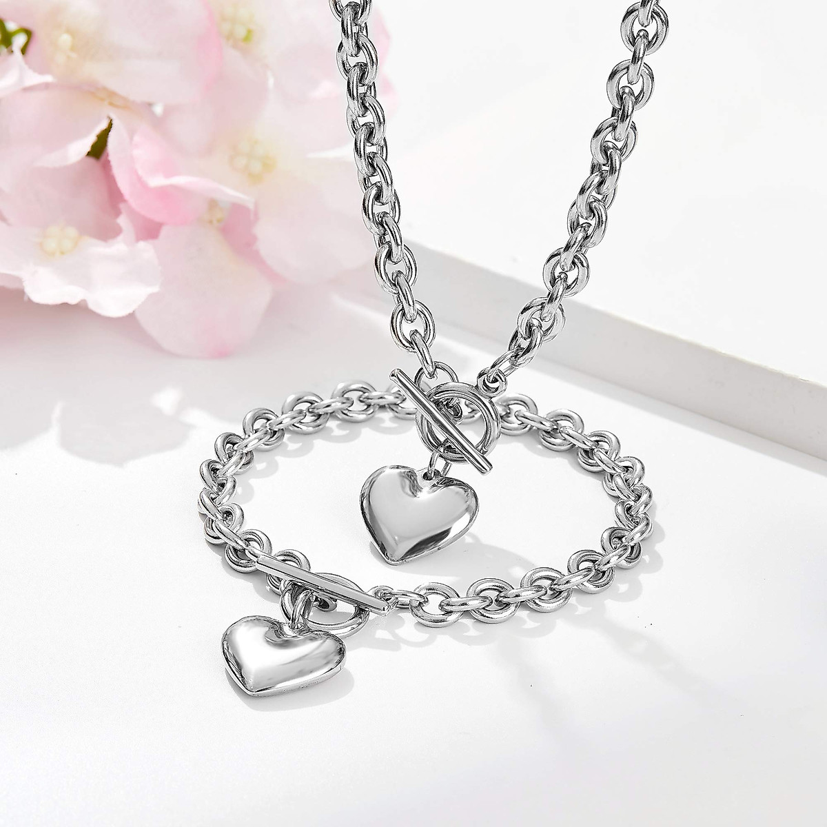W/W Lifetime Heart Chain Necklace + Heart Bracelet for Women Hearts Pendant Toggle Charm Jewelry Set Stainless Steel
