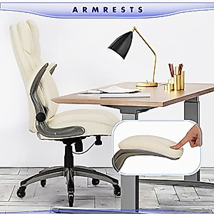 COLAMY 6686 High Back Executive Ergonomic Computer Desk Padded Flip-up Arms, Thick Bonded Soft Leather, Modern Office Chair with Upgraded Casters for Swivel Rolling (Ivory, 300lbs)