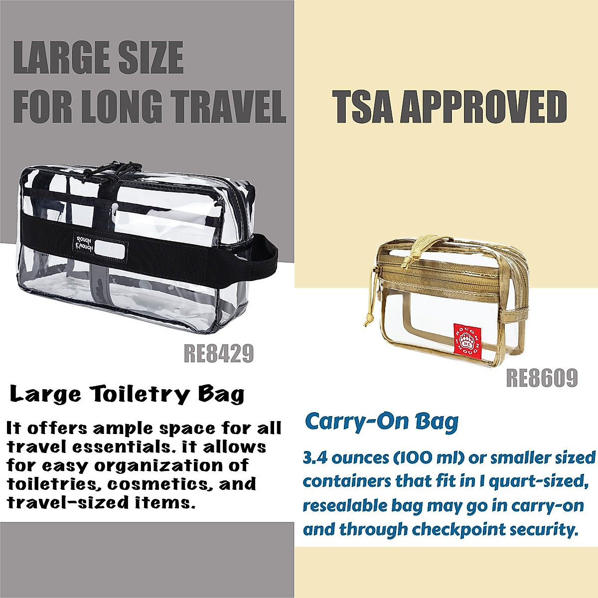 Rough Enough Clear Toiletry Bag Travel Makeup Cosmetic Bags Organizer Case for Toiletries with Zipper Pockets and Handle