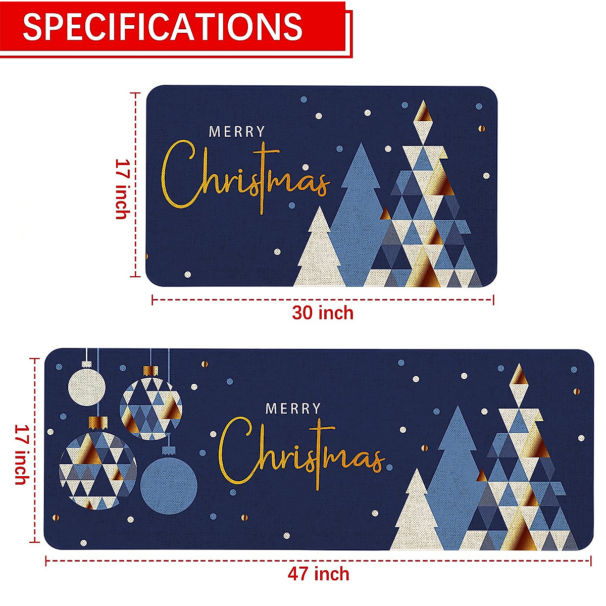 Mloabuc Merry Christmas Kitchen Mats Set of 2, Anti Fatigue Waterproof Stain Resistant Floor Rug Blue Christmas Decorative Non Slip Cushioned Floor Mat - 17x29 and 17x47 Inch