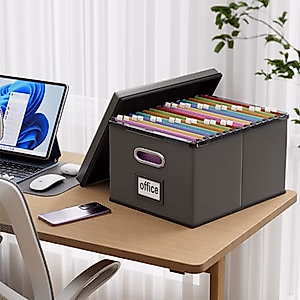 Huolewa Portable Leather File Organizer Boxes with Lids, Collapsible Linen Hanging Filing Storage Boxes with Plastic Slide, Decorative Home/Office Filing System Boxes for File and Folders Storage