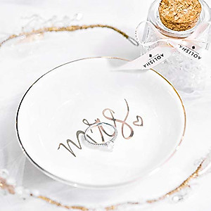 Quany Life Mrs Jewelry Dish Ceramic Ring Trinket Tray Wedding Gift for Bride Desk Storage for Mrs Engaged Gifts Mr Mrs Gold Engagement Gifts Friend