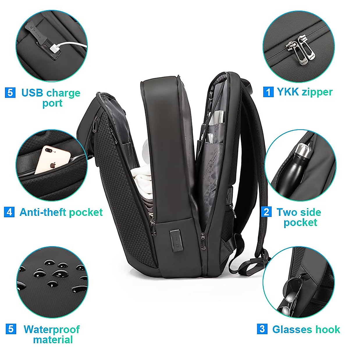 BANGE Smart Business Laptop Backpack Waterproof can fit 15.6-17.3 Inch Laptop with 3.0 USB charging port for men and women… (Black)