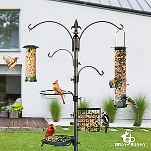 4 Hooks Bird Feeder Pole, 91 Inches Tall Bird Feeder Poles for Outdoors Heavy Duty, Multi Bird Feeder Stand with Bird Bath, Mesh Tray & Suet Cage, 5 Prong Base Bird Feeding Station for Outside