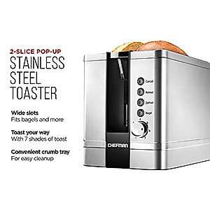 Chefman 2-Slice Pop-Up Stainless Steel Toaster w/ 7 Shade Settings, Extra Wide Slots for Toasting Bagels, Defrost/Reheat/Cancel Functions, Removable Crumb Tray, 850W, 120V, Silver