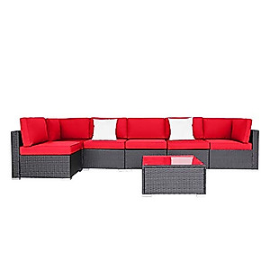 Excited Work 7 PCs Outdoor Patio Furniture Sets PE Rattan Wicker Sofa Sectional Furniture Set with 2 Pillows and Tea Table (Red)