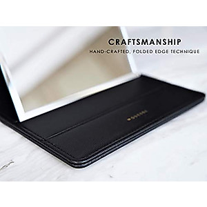MODESSE Premium Portable Makeup Mirror (Black) | Perfect for Travel, Home Vanity, Office Desk | Large Size, Folding Design with Stand for Tabletop, Vegan Leather | Beauty Gifts for Bridesmaids