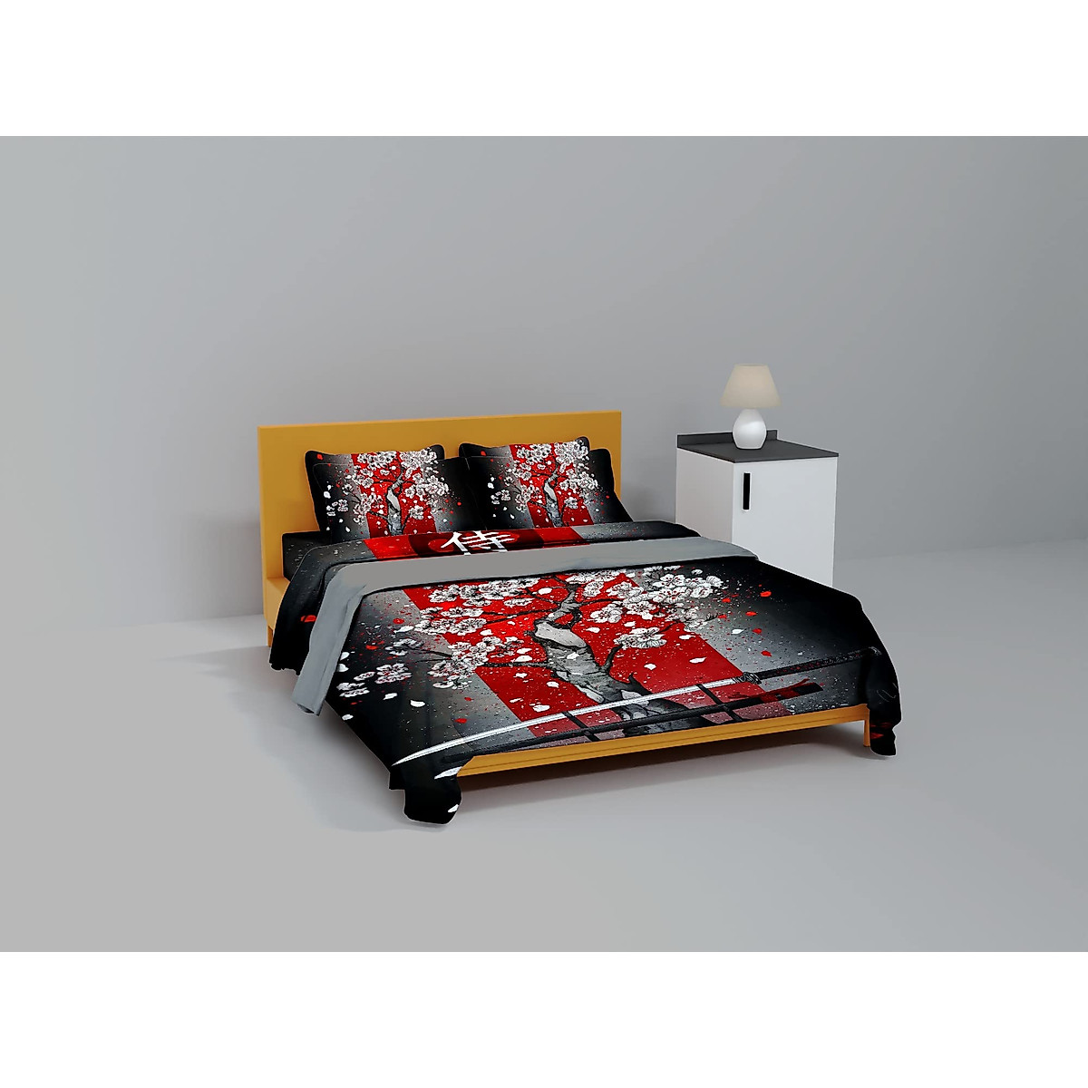 Japanese black white ink style Samurai sword red Sakura 3D print Duvet Cover Queen Size Ultra Soft and Breathable Bedding Comforter Cover Set 3 Pieces with Zipper Closure Duvet Cover & 2 Pillow Shams