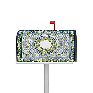 Mailbox Covers Blue Tile Yellow Lemon Green Leaves Mailbox Cover Magnetic Standard Size,Pastoral Farm Fruit Plant Mailbox Wraps Post Box Cover for Outdoor Garden Yard Patio Decor Mailbox Decals