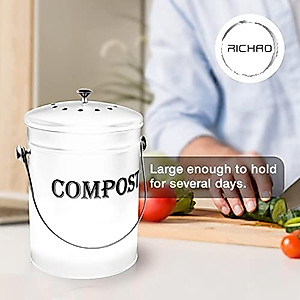 Compost Bin Kitchen 1.3 Gallon Smell Free Charcoal Filter Countertop Compost Bin with Lid - Stainless Steel Rust-Free Composting Bin for Kitchen Counter Compost Bucket Includes a Spare Filter (White)