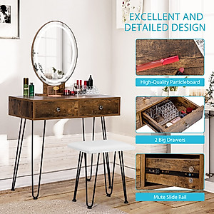 VIVOHOME Industrial Vanity Set with 3-Color Lighted Mirror and Acrylic Makeup Organizer, Dressing Table with PU Cushioned Stool